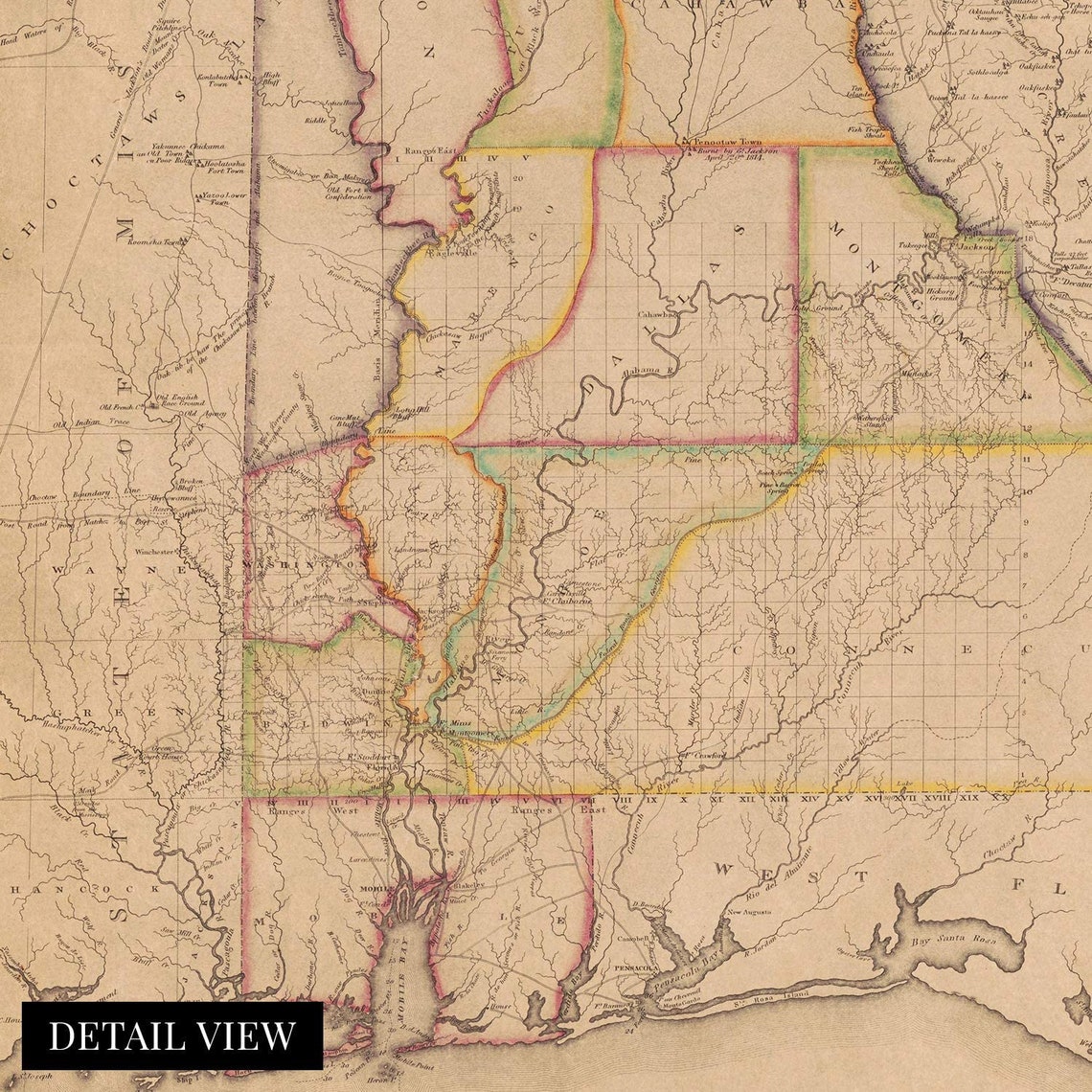 1819 Alabama State Map Vintage Map of Alabama Wall Art Old Alabama ...