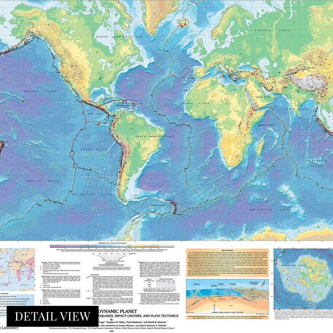 2006 World Map of Volcanoes Earthquakes Impact Craters & Plate ...