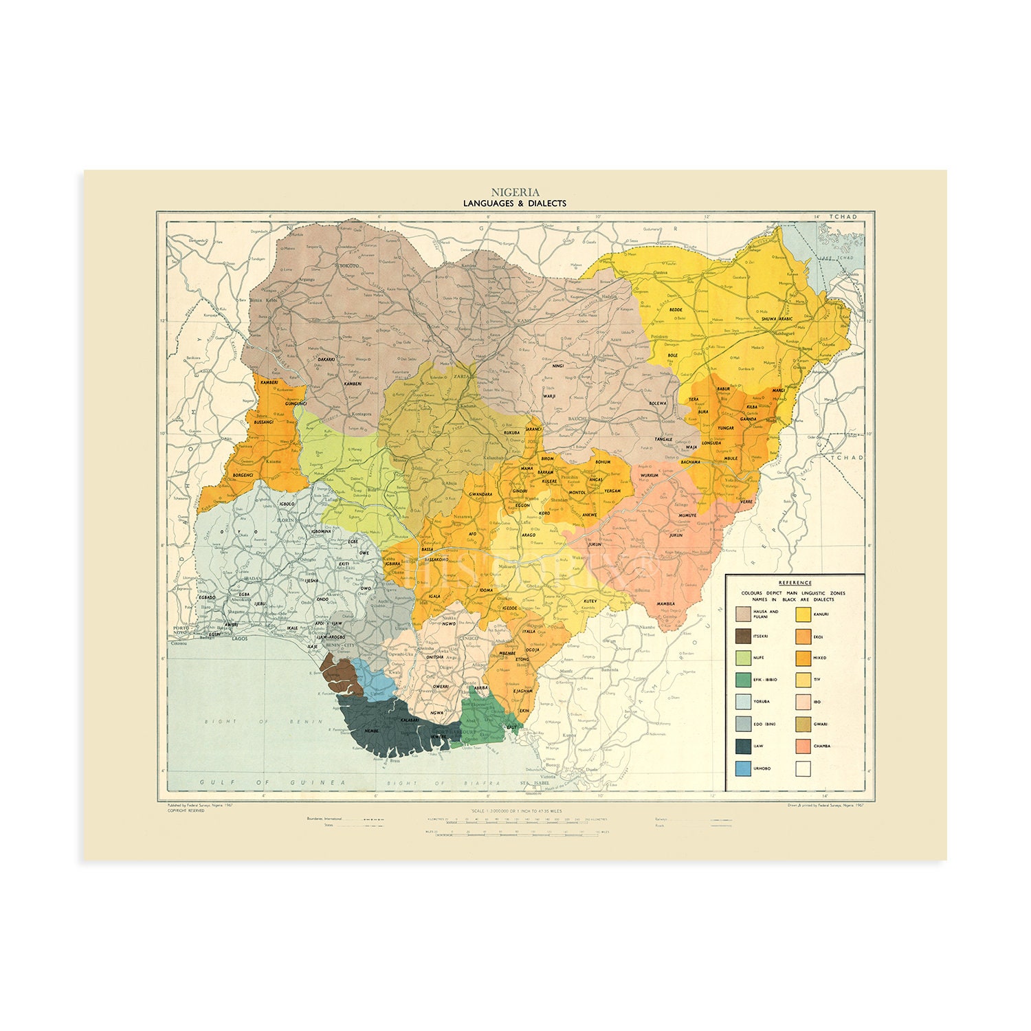 1967 Nigeria Map Map of Nigeria Languages & Dialects Old Republic of ...