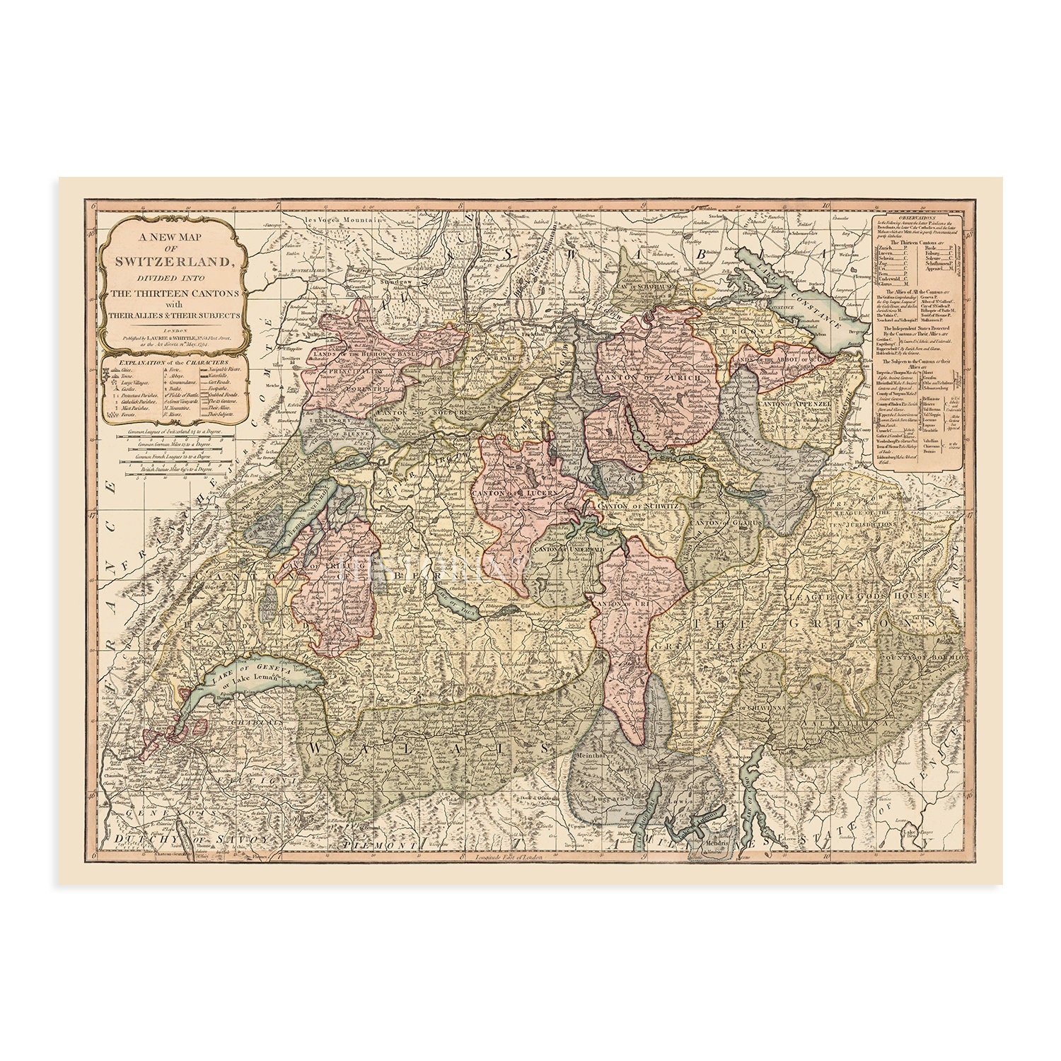 1794 Switzerland Map Poster - Map of Switzerland Wall Art - Old ...