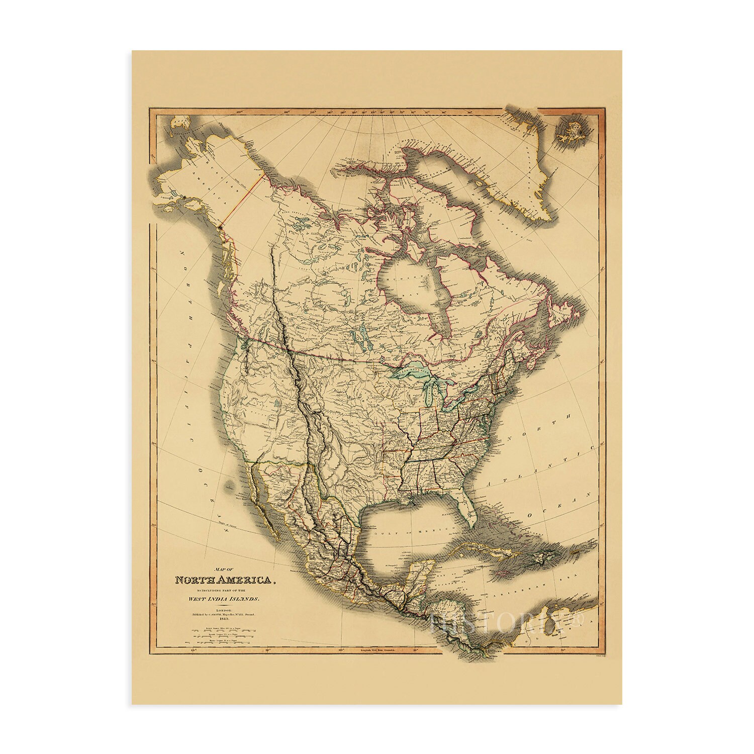 1849 Map of North America Vintage Wall Map of North America Old North ...