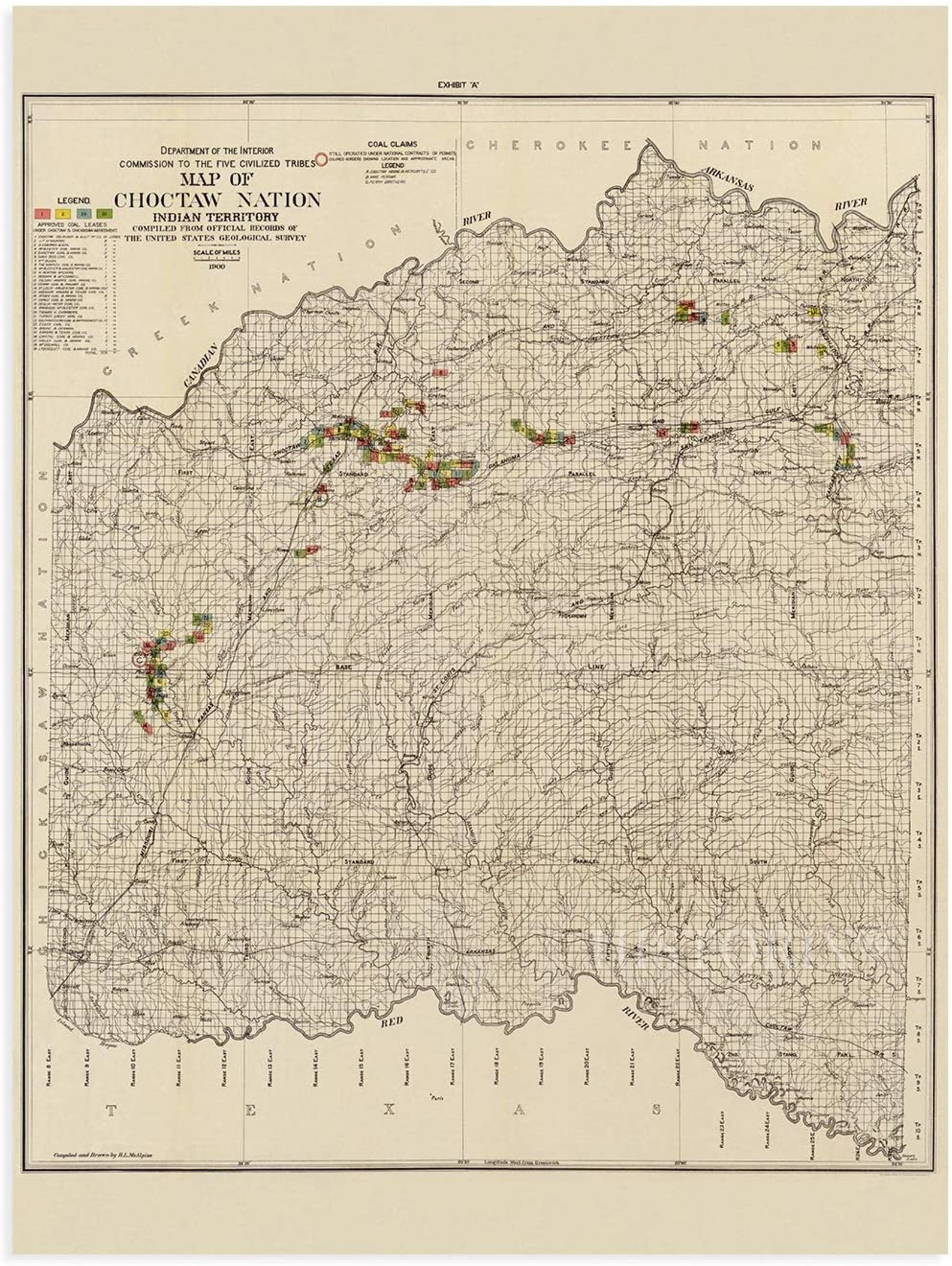 1900 Choctaw Nation Indian Territory Map Vintage Map of Choctaw Indian ...