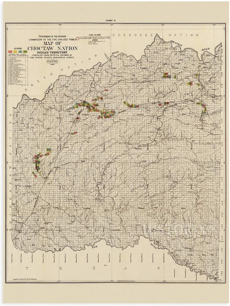 1900 Choctaw Nation Indian Territory Map - Vintage Map of Choctaw ...