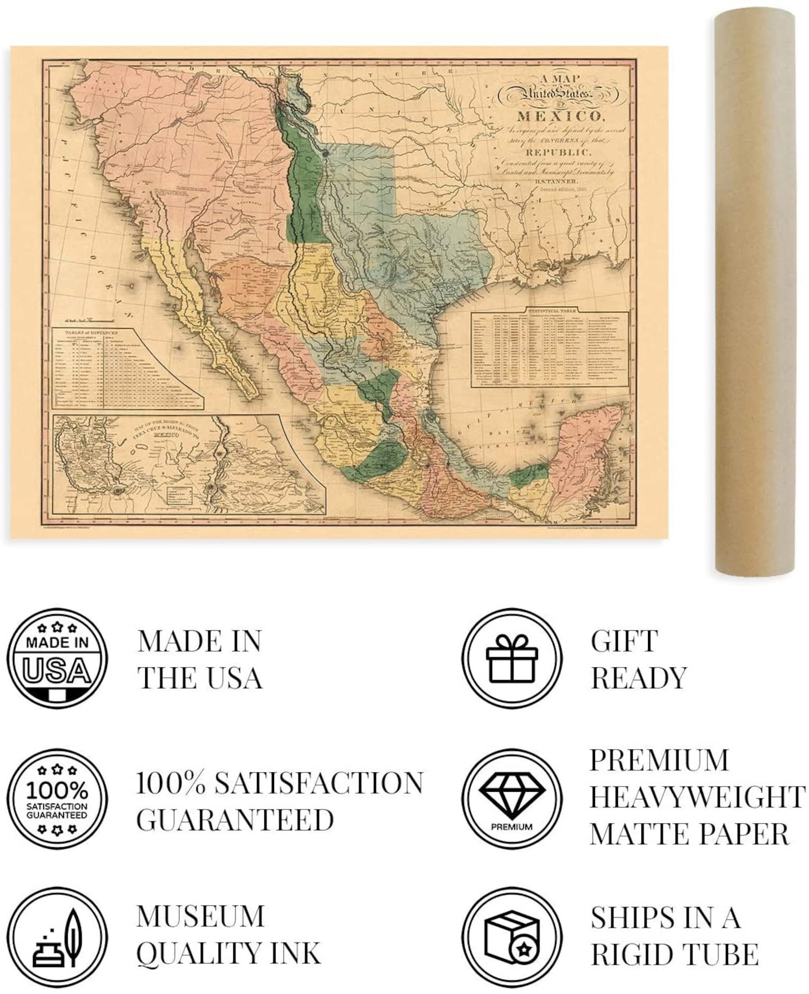 1846 United States of Mexico Map Poster - Vintage Map of Mexico Wall ...