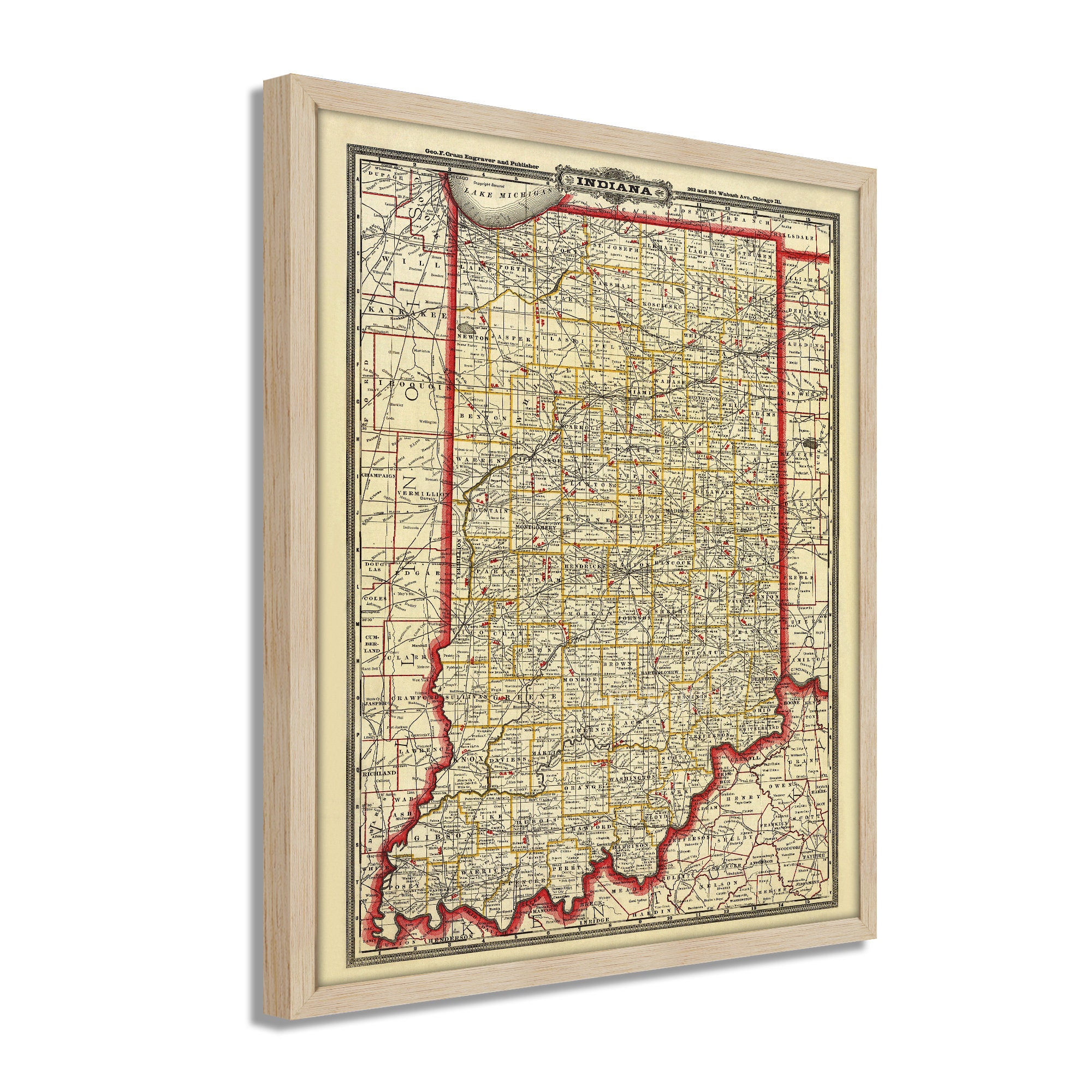 1888 Indiana Map Framed Vintage Map of Indiana Restored - Etsy