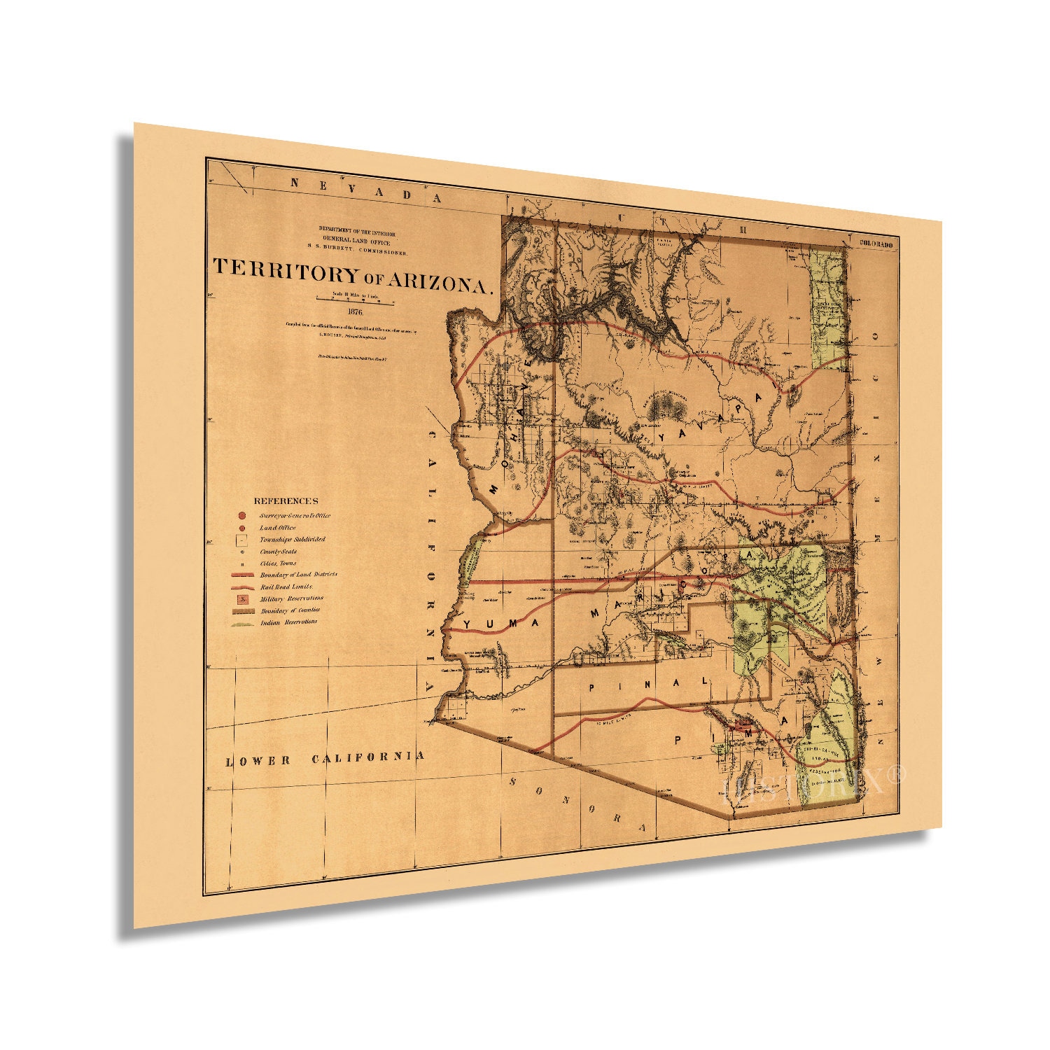 1876 Arizona Territory Map - Vintage Arizona Map - Old Arizona ...