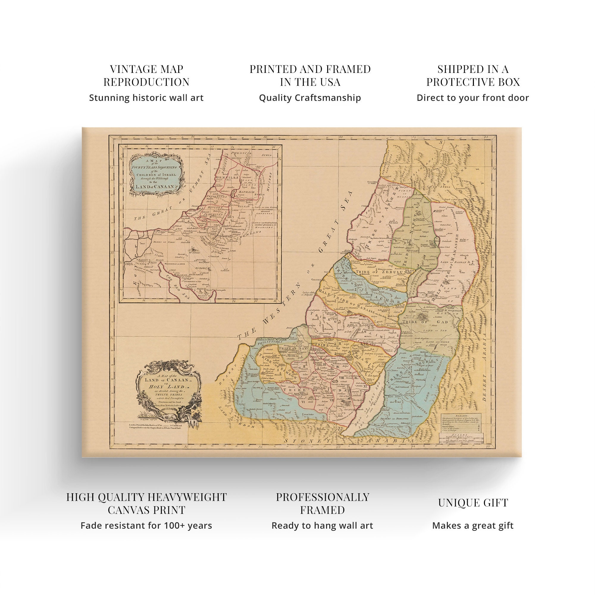 1760 Land of Canaan Map - Canvas Wrap Vintage Holy Land Map Poster ...