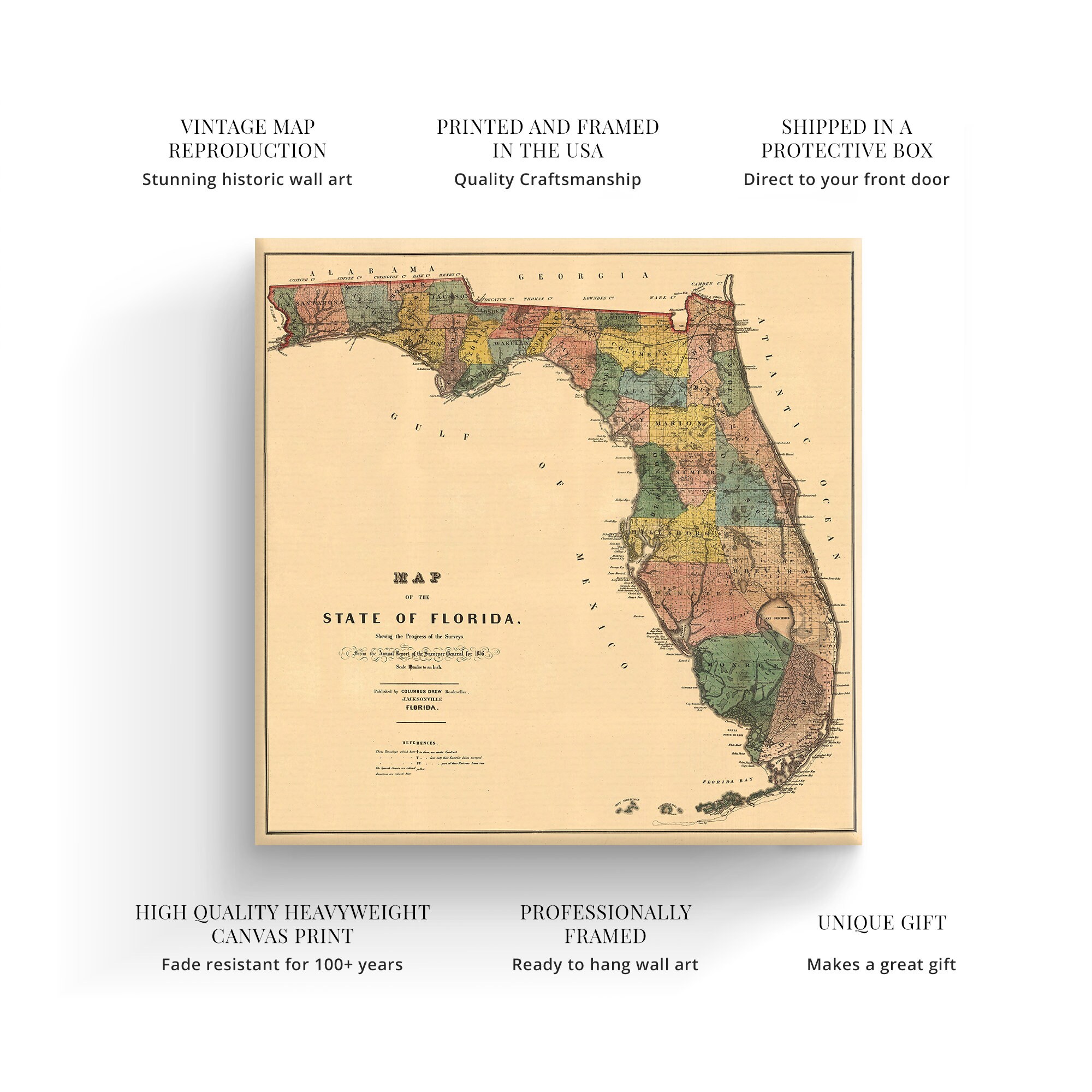 1856 Florida Map Canvas - Canvas Wrap Vintage Florida Map - Old Florida ...