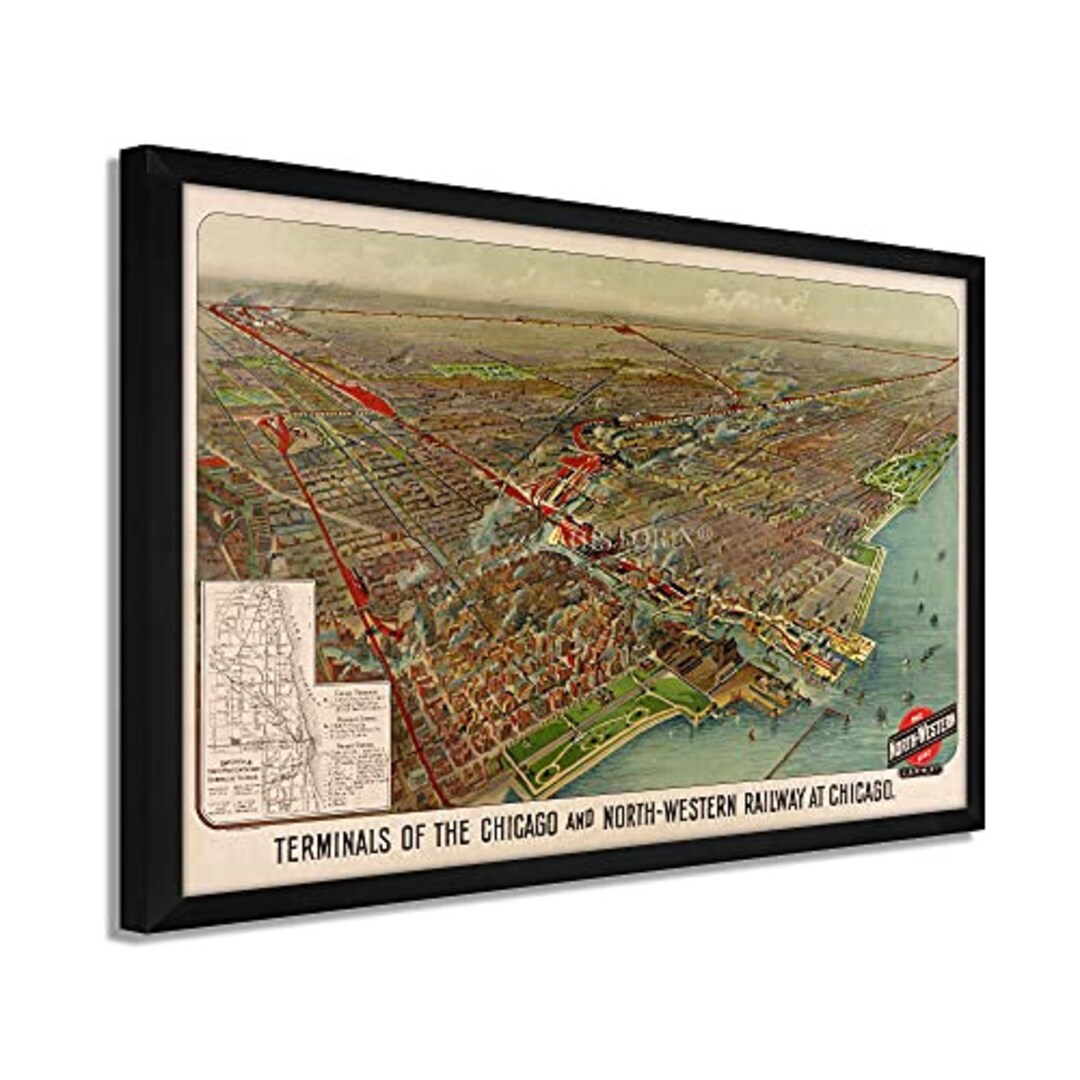 1902 Chicago Map Art - Framed Vintage Chicago Map - Terminals of the ...