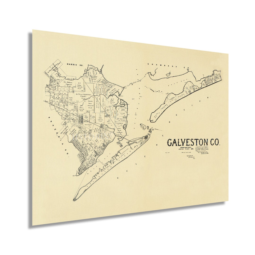 1892 Galveston County Map - Vintage Map Galveston Wall Art Showing of ...