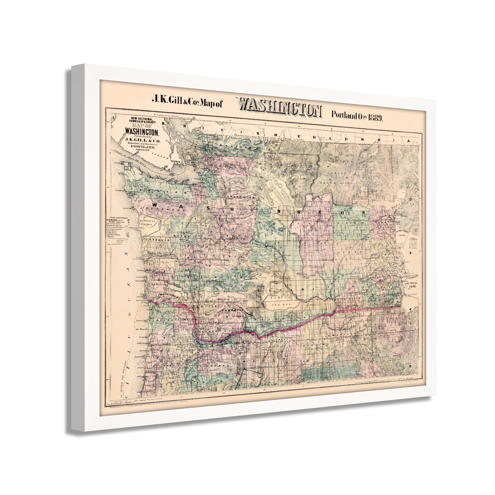 1889 Washington Map Framed Vintage Washington Restored - Etsy
