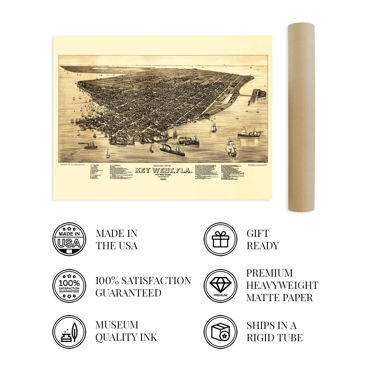 1884 Map of Key West Florida Vintage Key West Poster History Map of Key ...