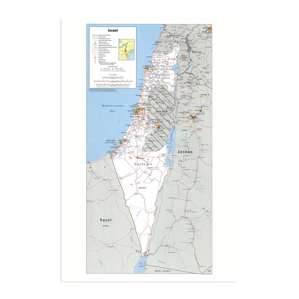 1988 Israel Map - Map of Israel Wall Art - Old Israel Wall Map History ...