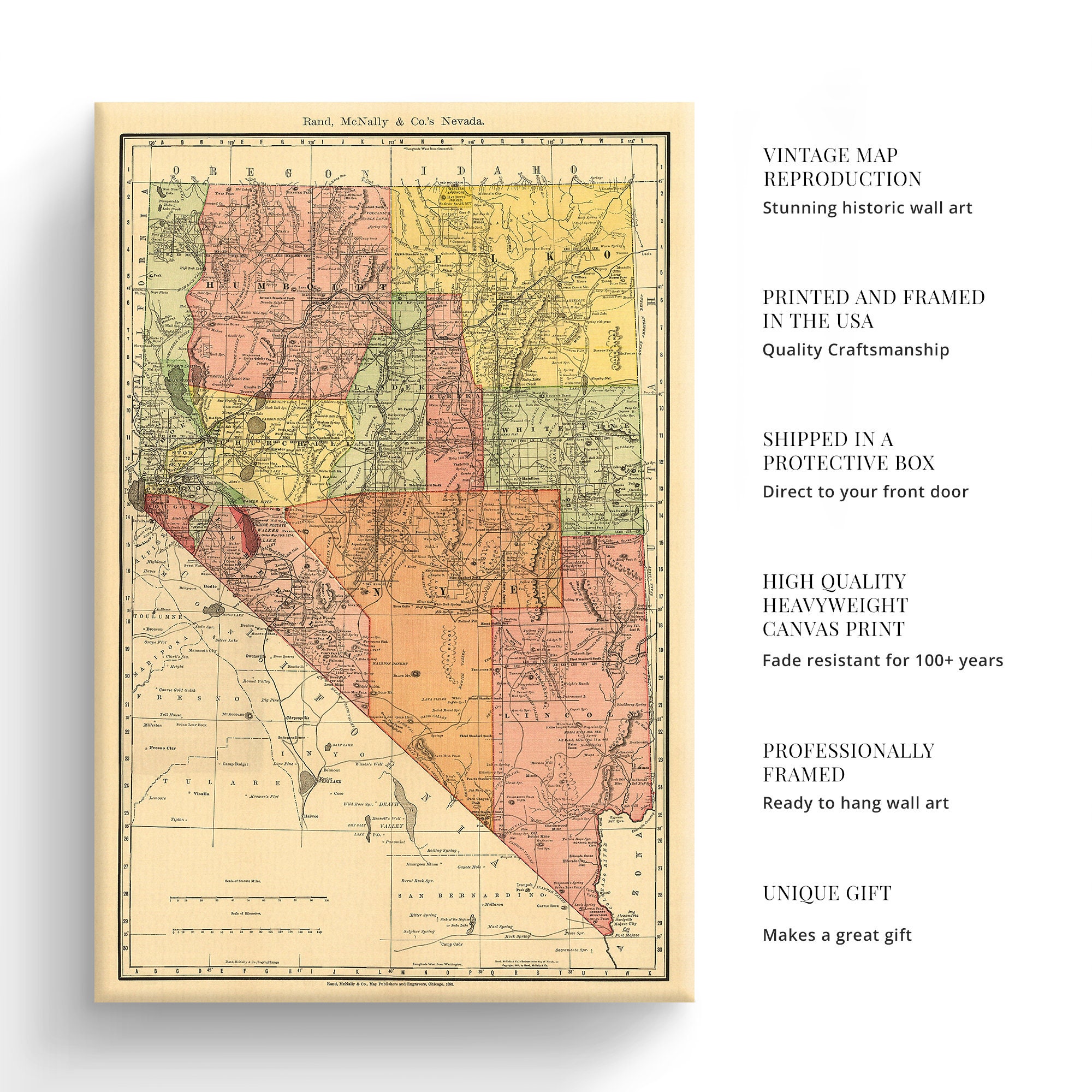 1893 Nevada Map Art - Canvas Wrap Vintage Nevada - Historic Nevada Map ...