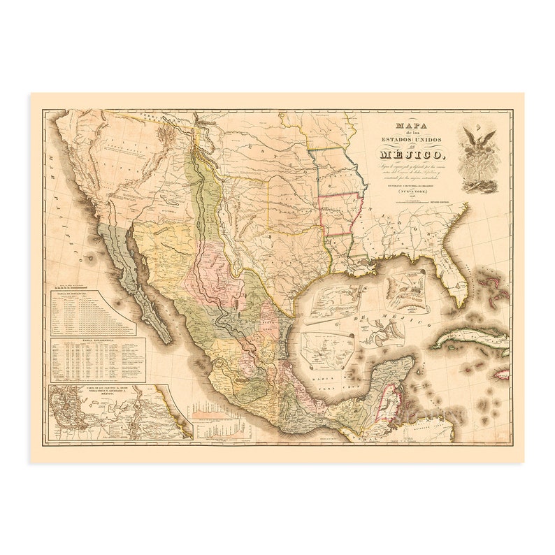 1847 Mexico Map Poster Vintage Map of Mexico States Old - Etsy