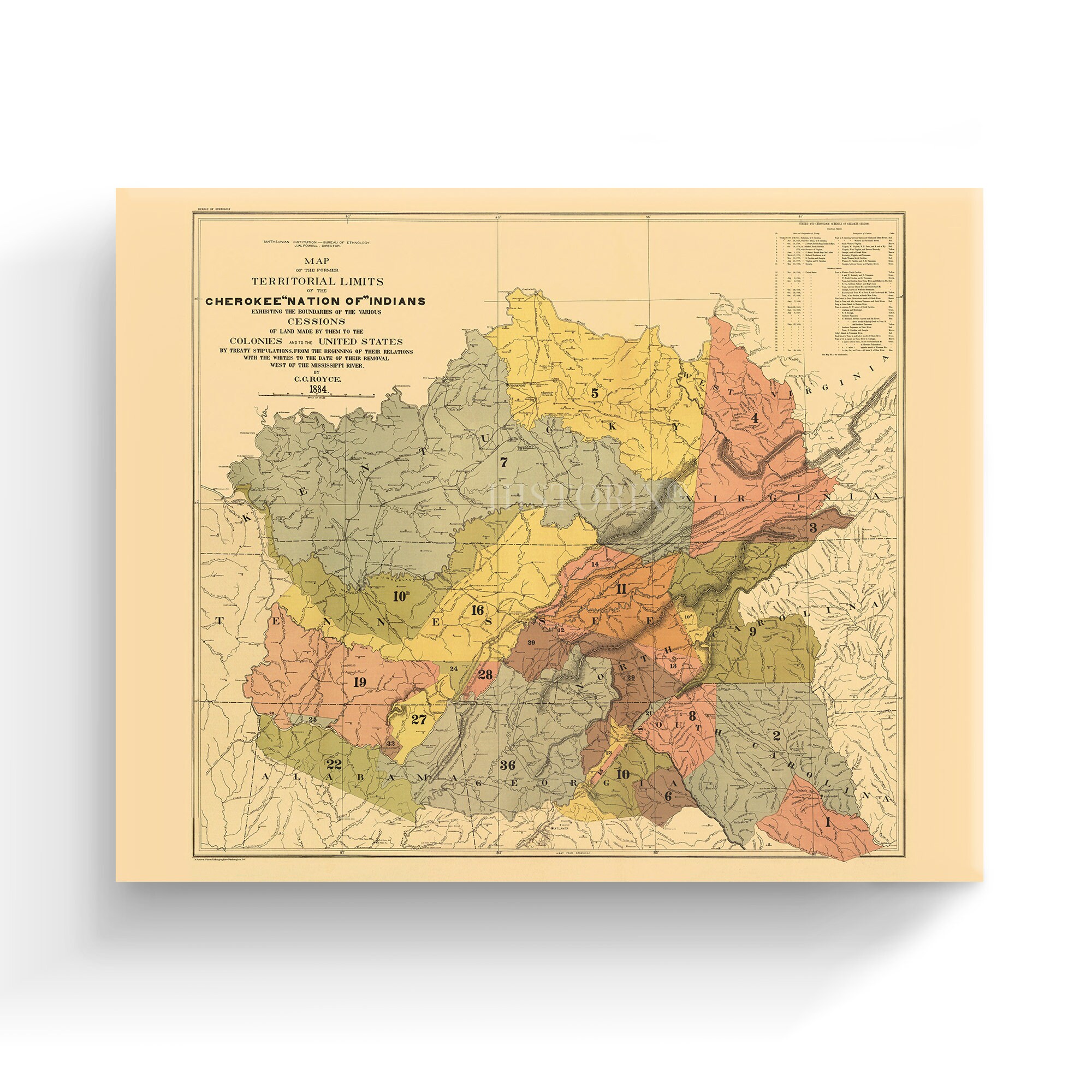 1884 Cherokee Nation Map Canvas Art Canvas Wrap Vintage Oklahoma Map ...