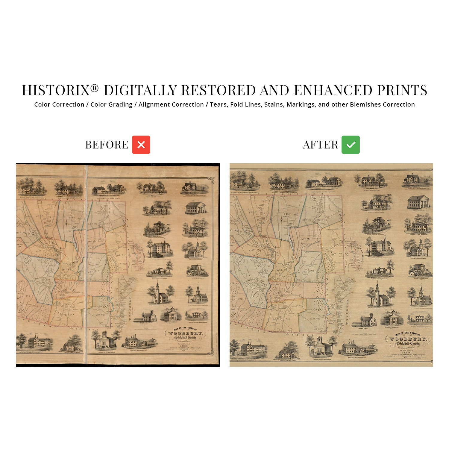 1853 Woodbury Town Map - Old Wall Map of Litchfield County, Connecticut ...
