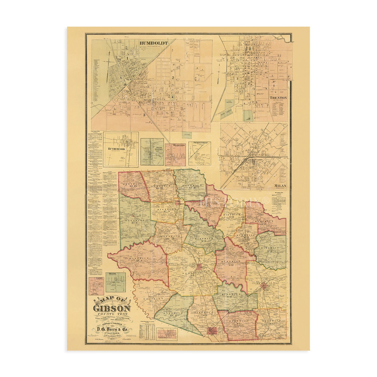 1877 Gibson County Tennessee Map - Old Map of Gibson County Humboldt TN ...