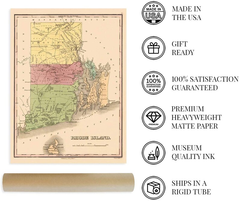 1829 Rhode Island State Map - Rhode Island Vintage Map - Old USA Poster ...