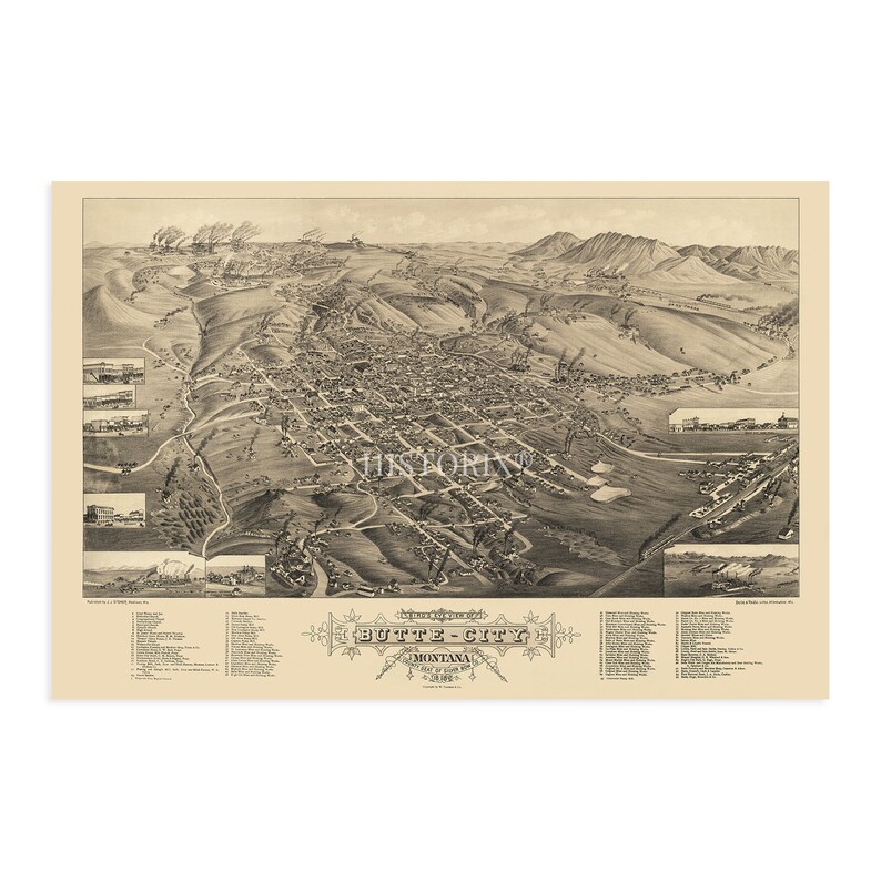 1884 Butte Montana Map Poster Wall Map of Montana Old Butte Montana ...