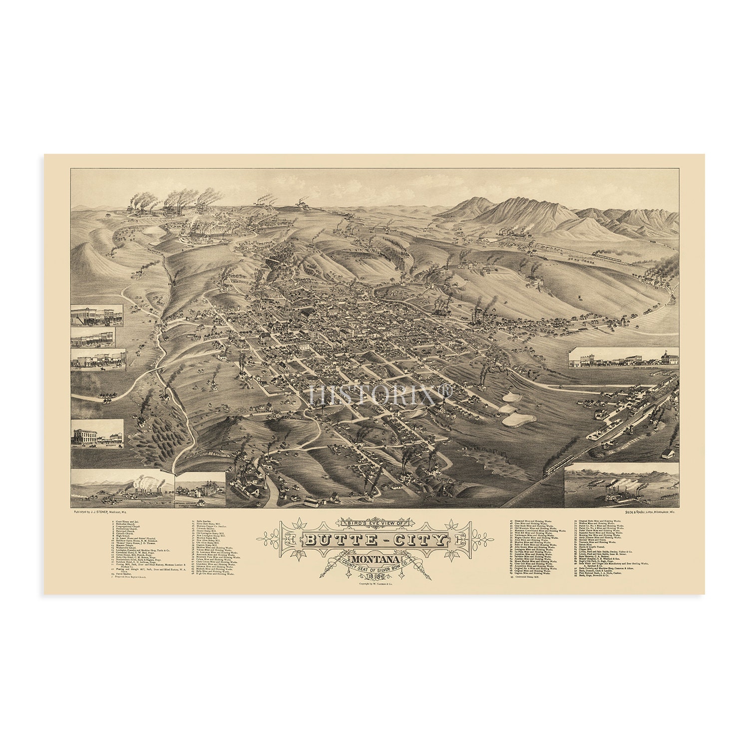 1884 Butte Montana Map Poster Wall Map of Montana Old Butte Montana ...