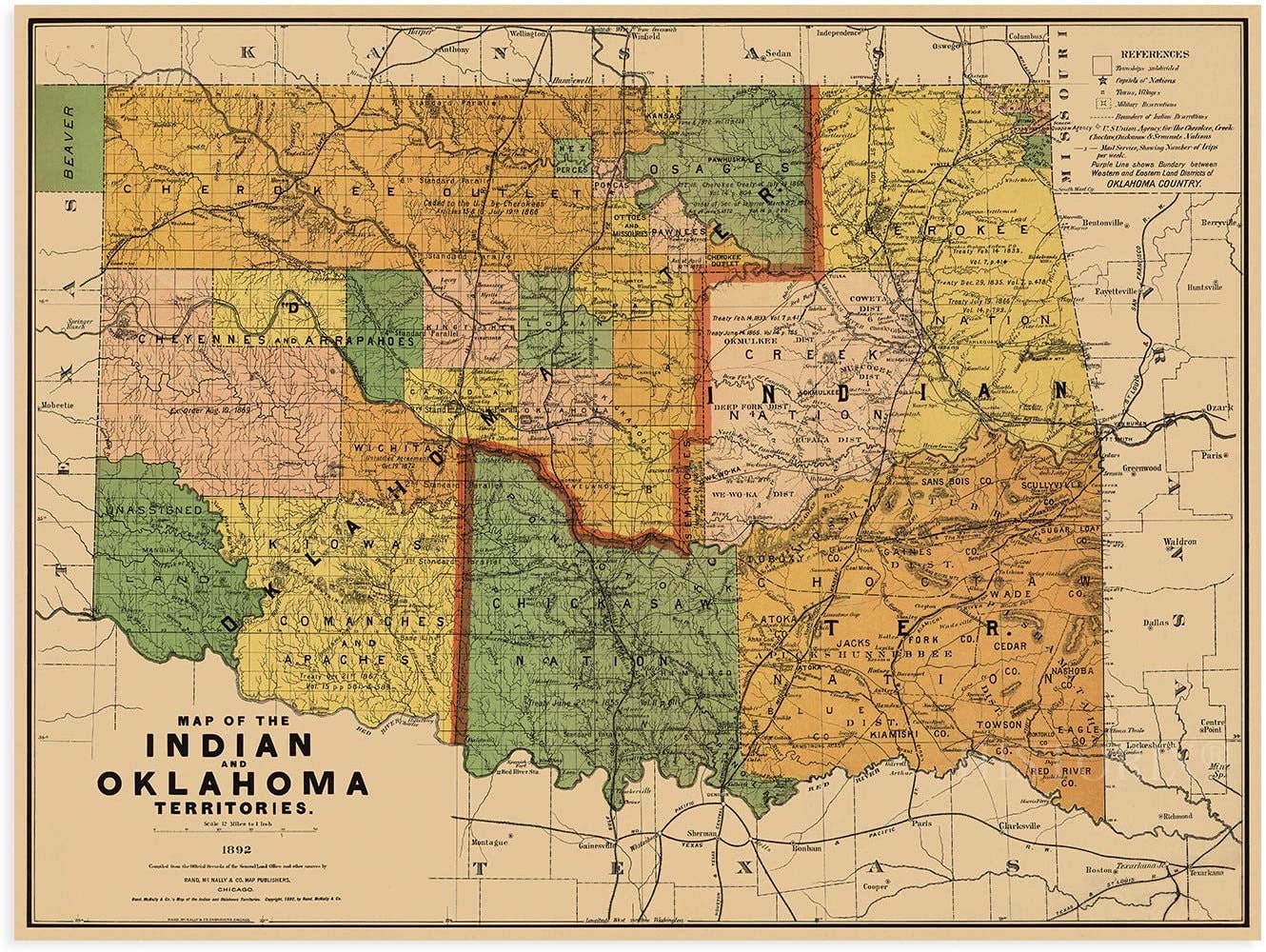 1892 Map of the Indian and Oklahoma Territories Vintage Map of Oklahoma ...