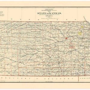 1898 Kansas State Map - Vintage Map of Kansas Wall Art Decor - Old ...