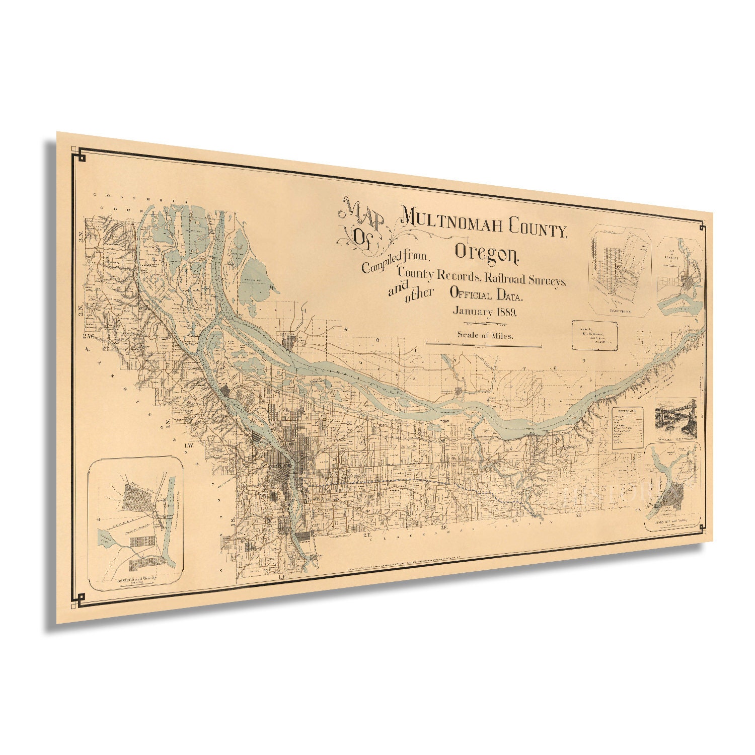Mapa de 1889 del condado de Multnomah, Oregón: arte mural con mapas ...