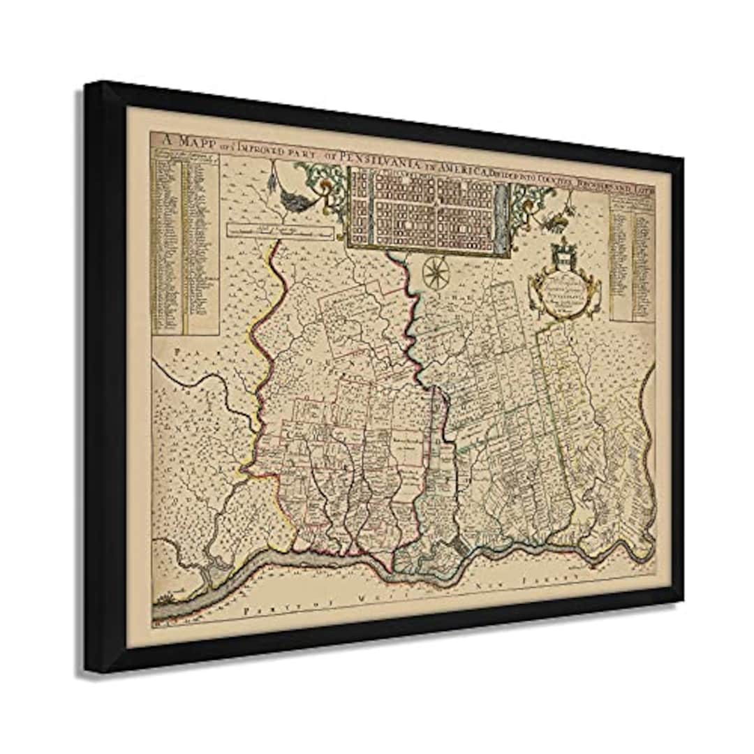 1687 Map of Pennsylvania - Framed Vintage Pennsylvania Map - Restored ...