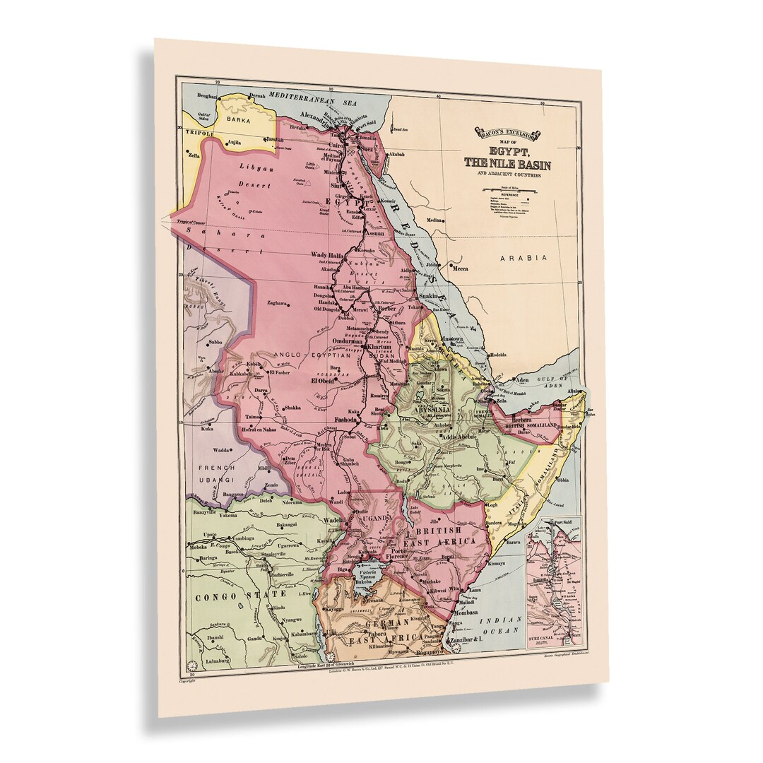 1916 Egypt Map Poster Print - Vintage Excelsior Map of Egypt the Nile ...