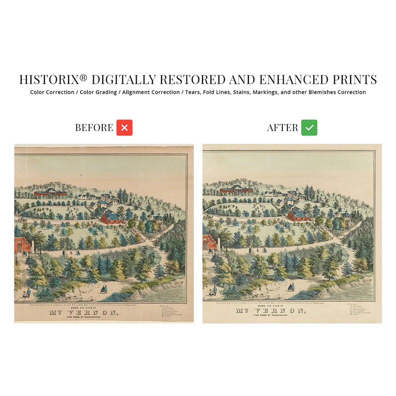 1859 Bird's Eye View of Mt Vernon the Home of George Washington Map Old ...