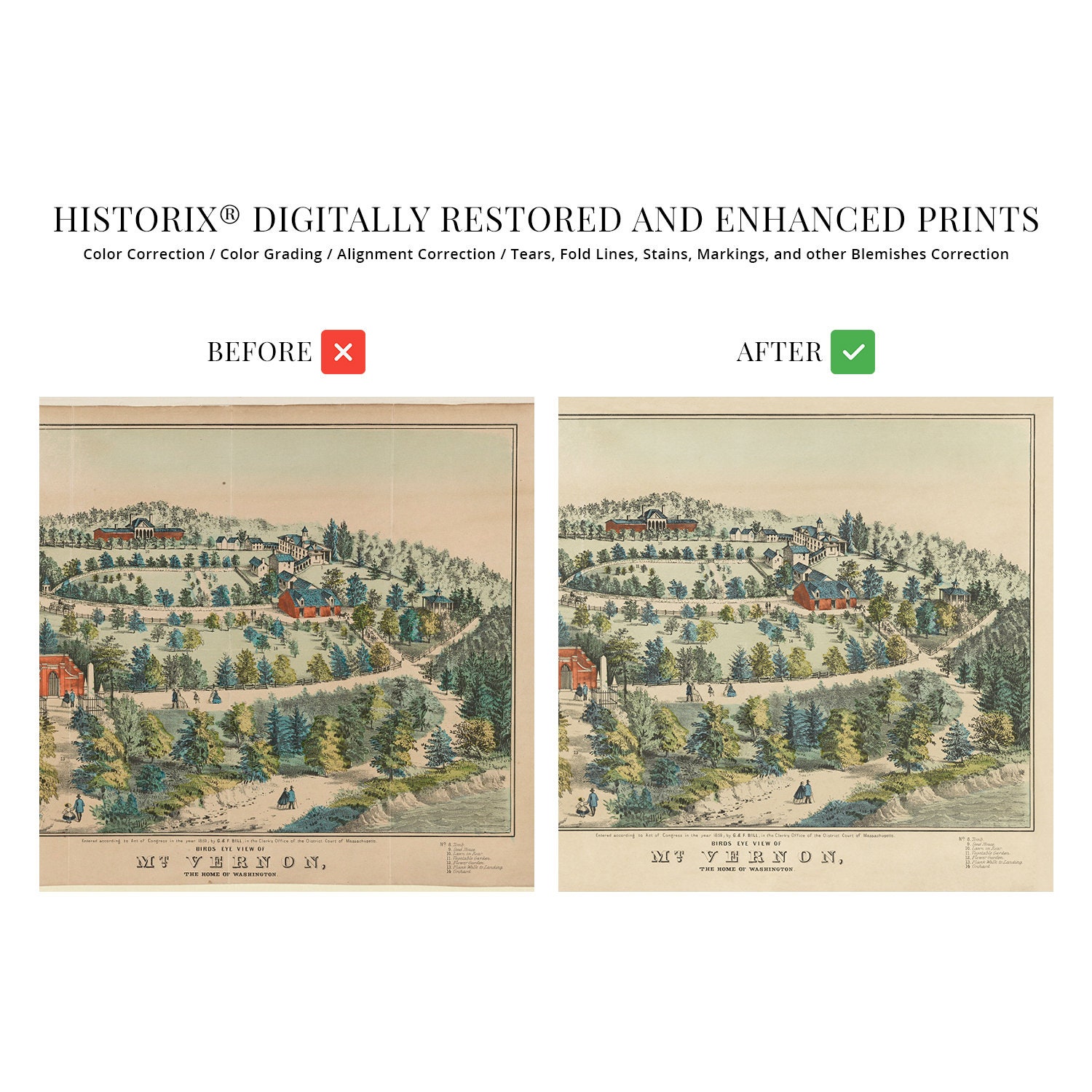1859 Bird's Eye View of Mt Vernon the Home of George Washington Map Old ...