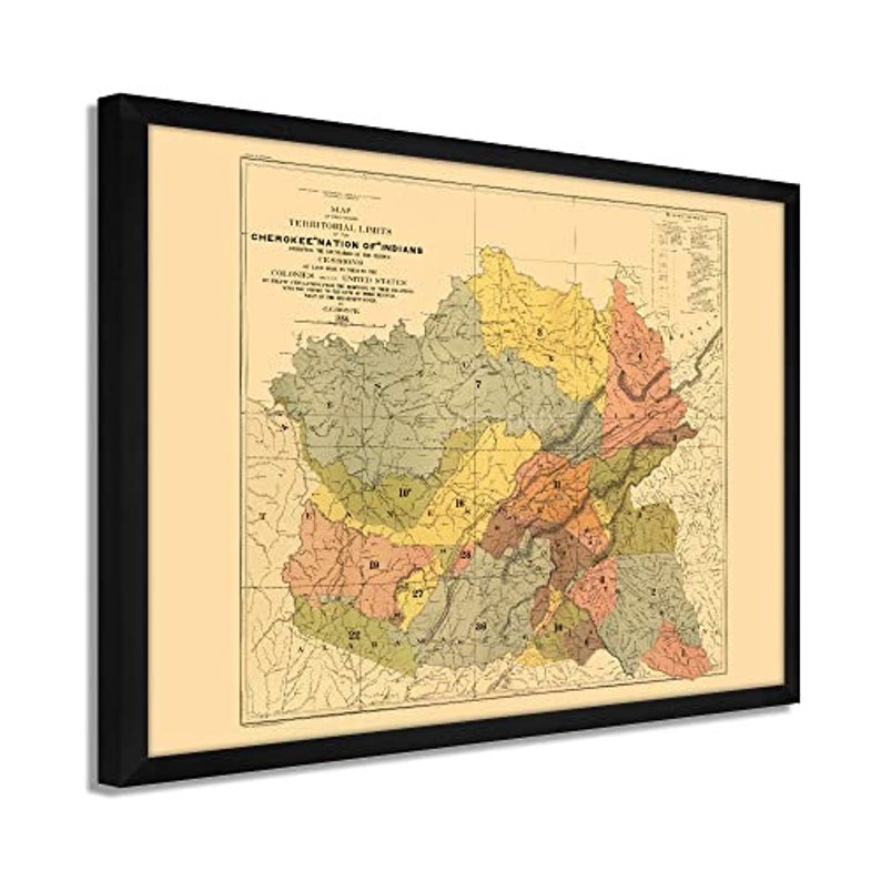 1884 Cherokee Nation History Map - Framed Vintage Map of Indian Tribes ...