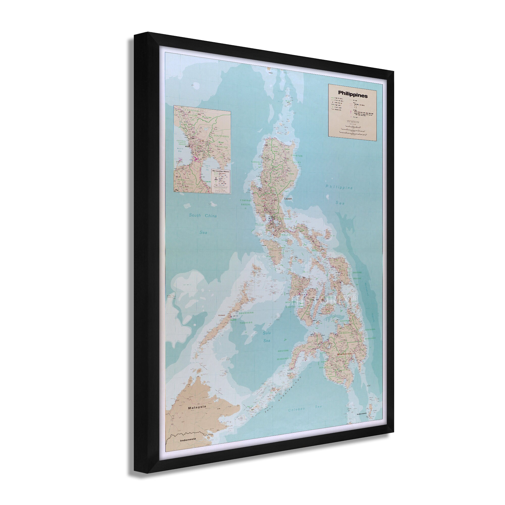 1990 Map of the Philippines - Framed Vintage Map of Philippines Wall ...