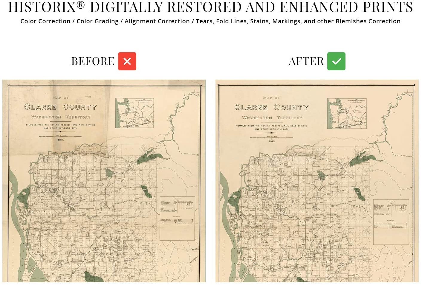 1888 Clark County Washington Map Poster - Vintage Vancouver Washington ...