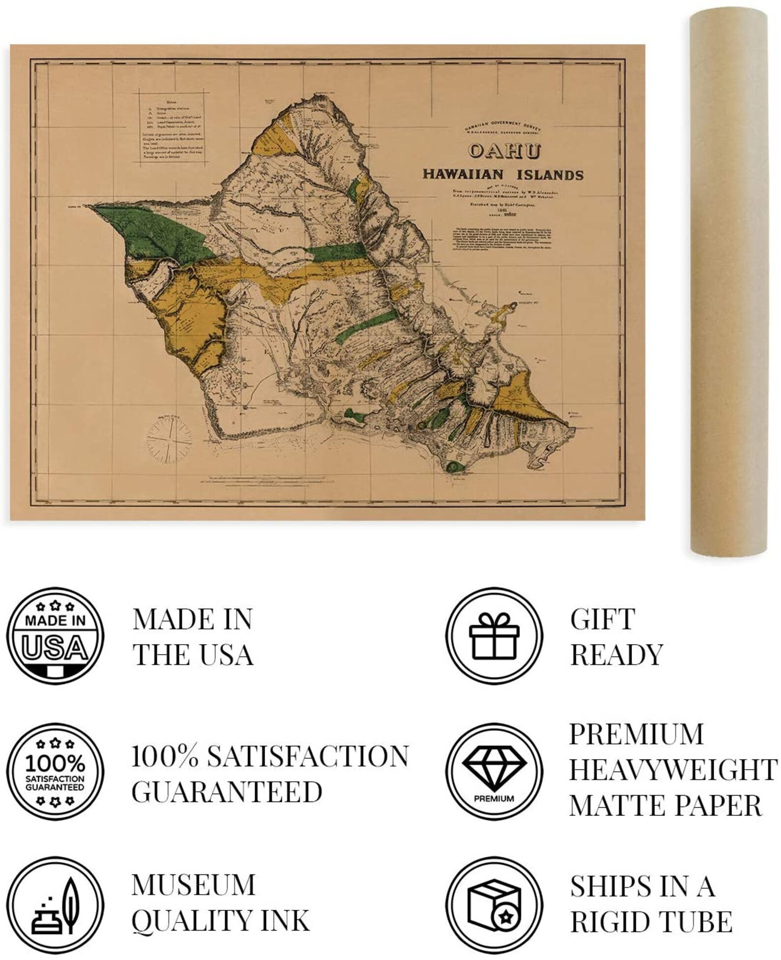 1881 Oahu Hawaii Vintage Map - Vintage Map of Oahu Hawaii Wall Art ...
