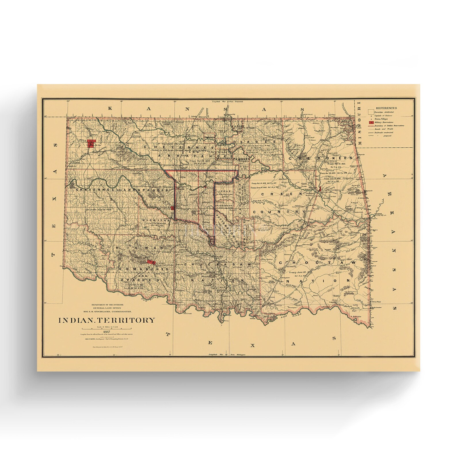 1887 Indian Territory Map Canvas Wrap Vintage Oklahoma Map - Etsy