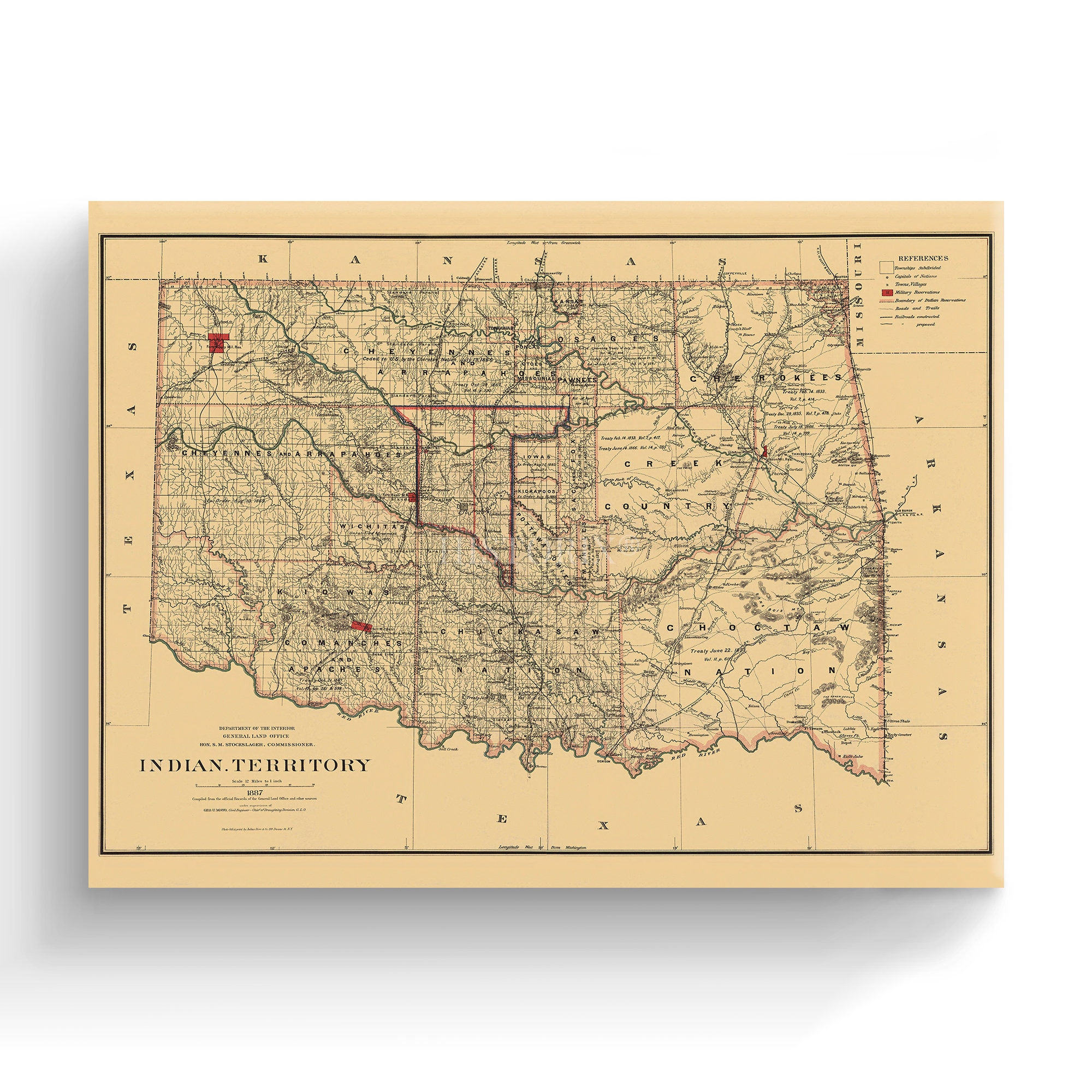 1887 Indian Territory Map Canvas Wrap Vintage Oklahoma Map - Etsy