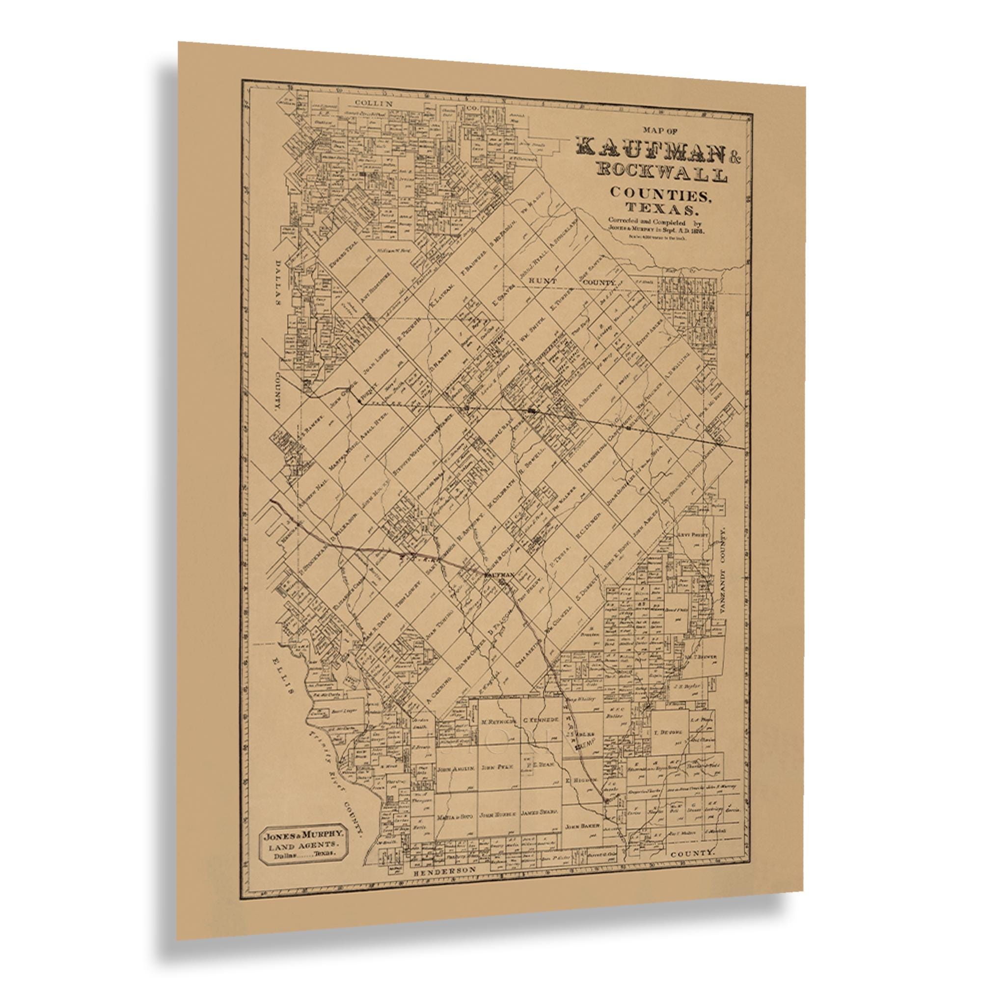 1878 Kaufman & Rockwall Texas Map Poster - Old Map of Kaufman and ...