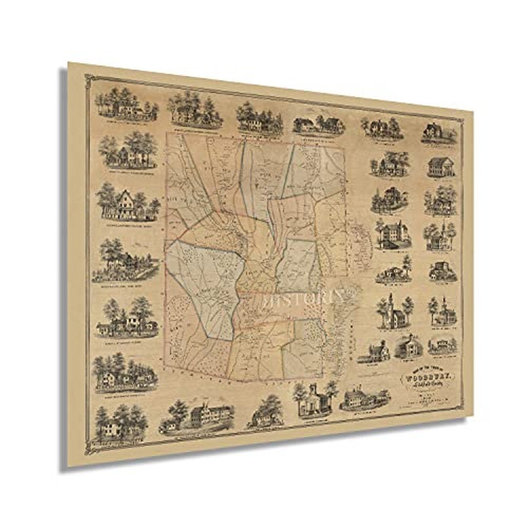 1853 Woodbury Town Map - Old Wall Map of Litchfield County, Connecticut ...