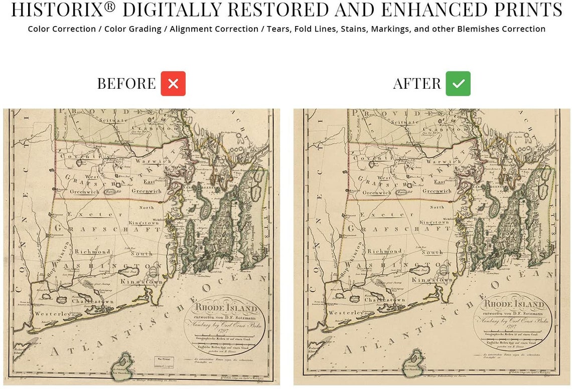 1797 Rhode Island Map Vintage Map of Rhode Island Wall Art Decor Old ...