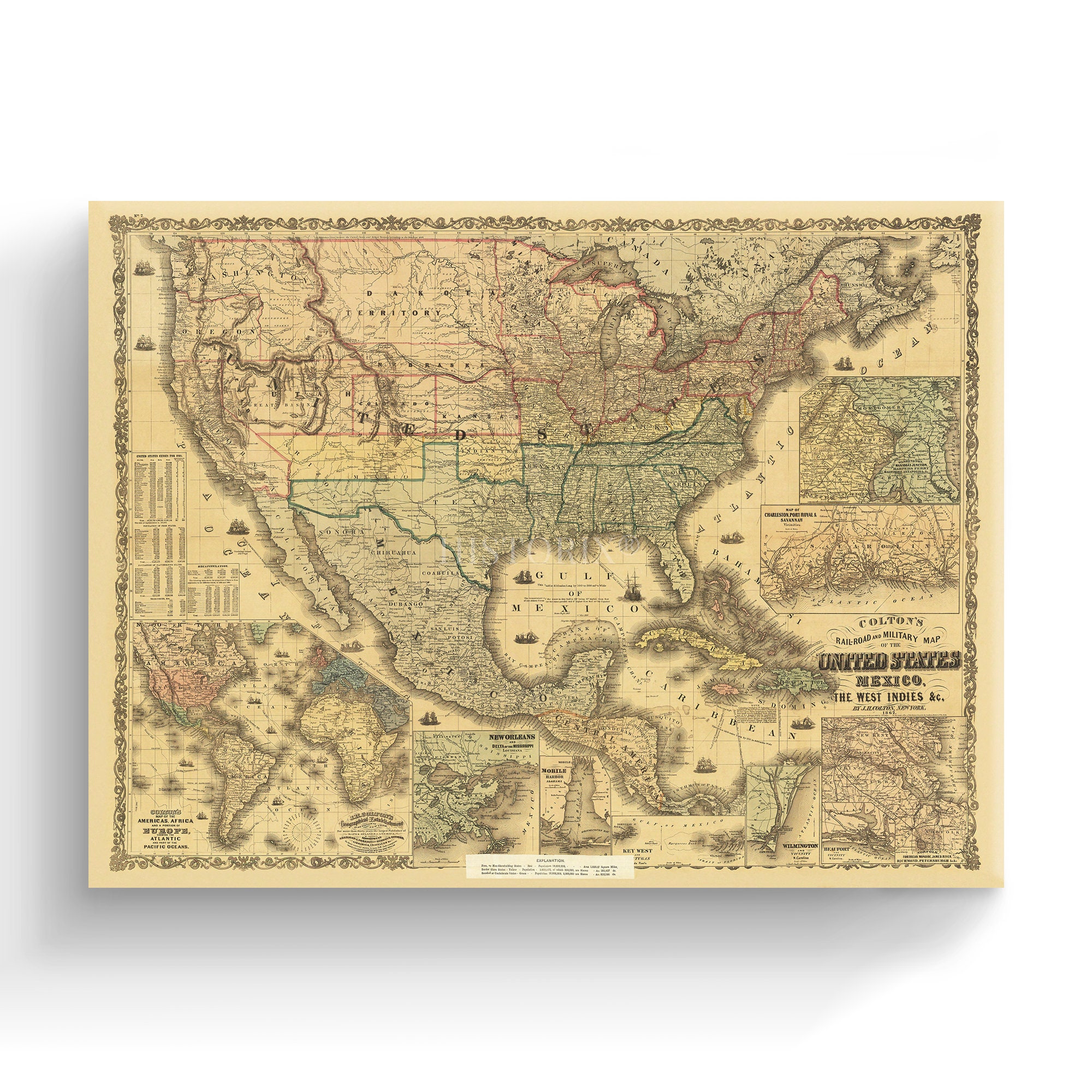 1862 United States Map Art Canvas Wrap Vintage Map of US - Etsy
