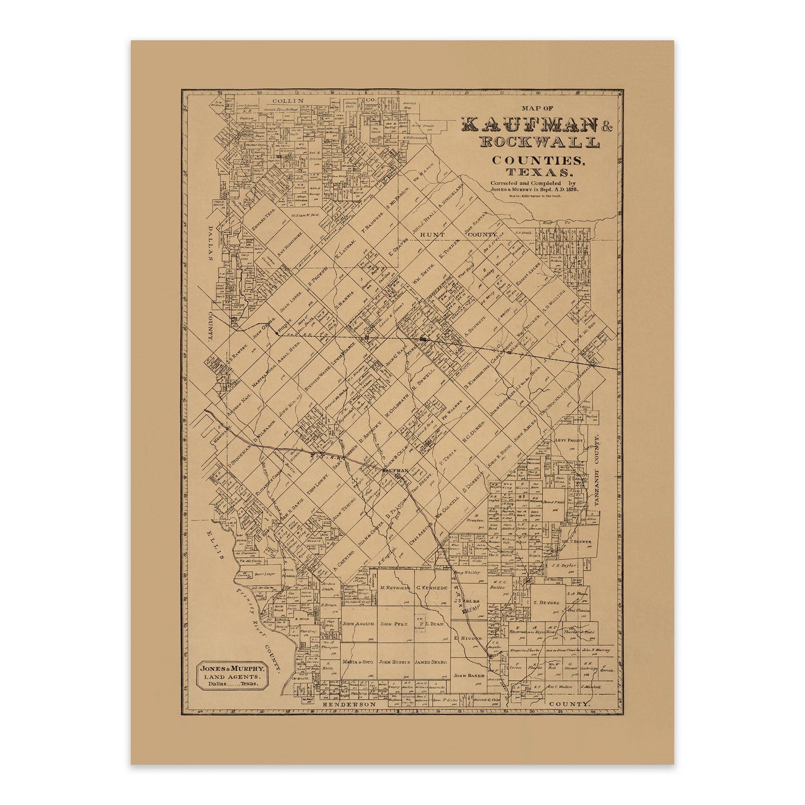 1878 Kaufman & Rockwall Texas Map Poster - Old Map of Kaufman and ...