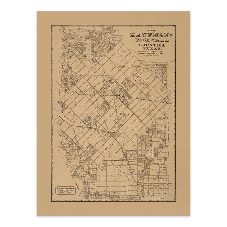 1878 Kaufman & Rockwall Texas Map Poster - Old Map of Kaufman and ...