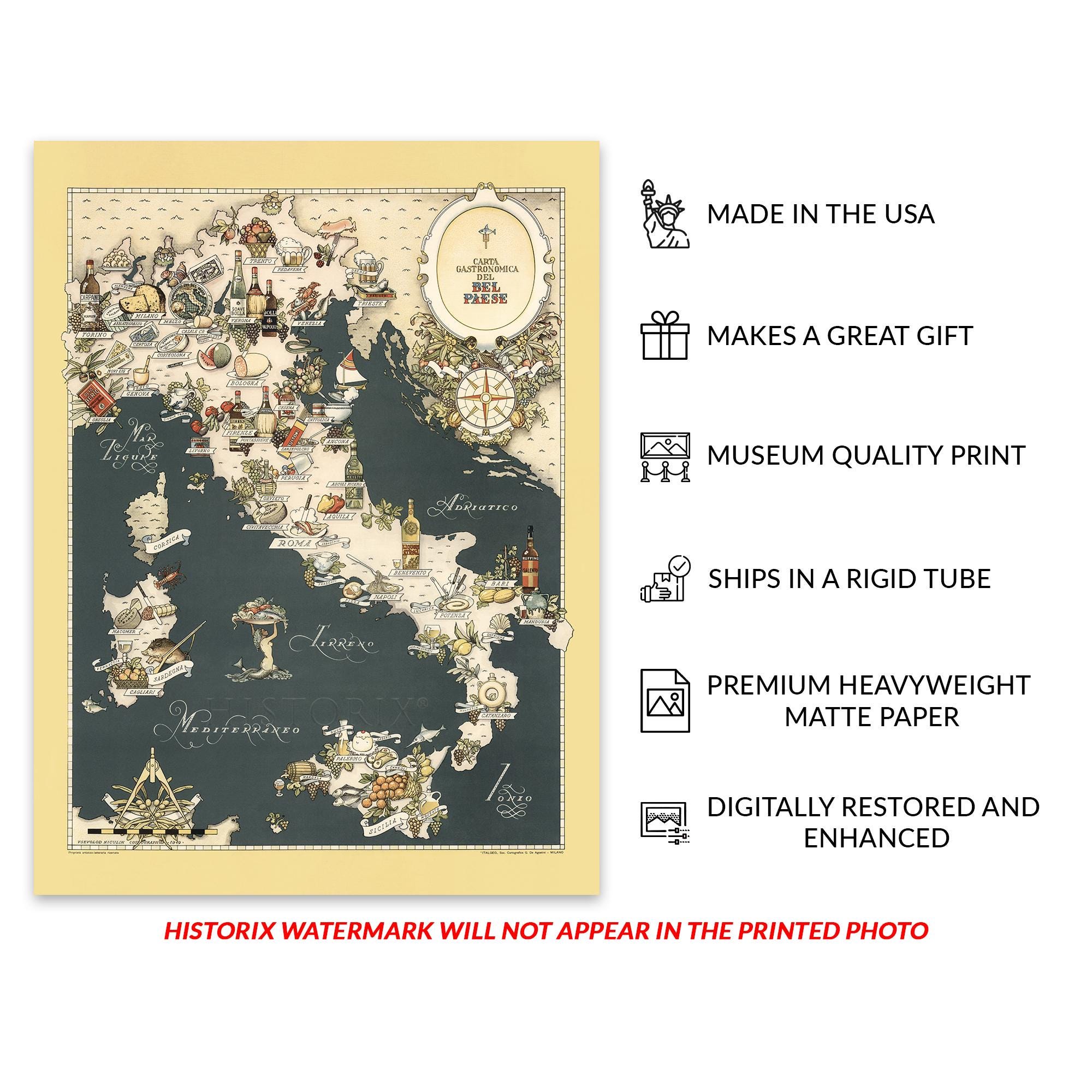 1949 Gastronomic Map of Italy Poster - Vintage Italy Poster Map - Carta ...