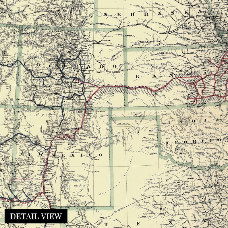 1883 Map of Atchison Topeka Santa Fe Railroad System - History Map of ...
