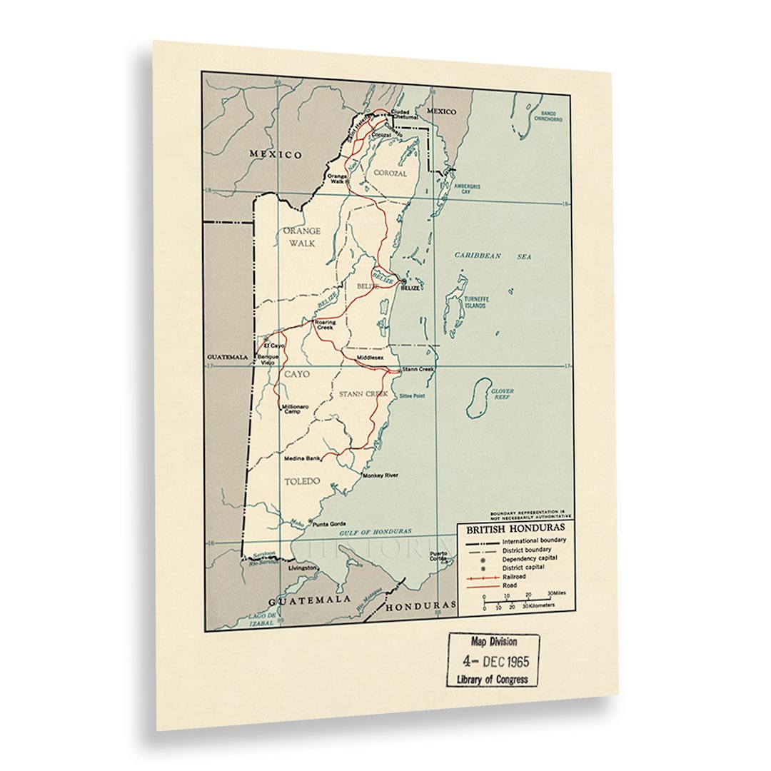 1965 British Honduras Map Print - Vintage Road Map of Belize Poster ...