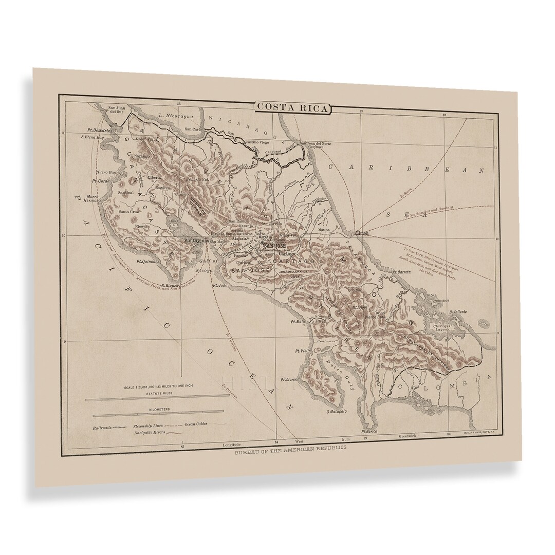1890 Costa Rica Map Poster - Old Wall Map of Costa Rica Wall Art Print ...