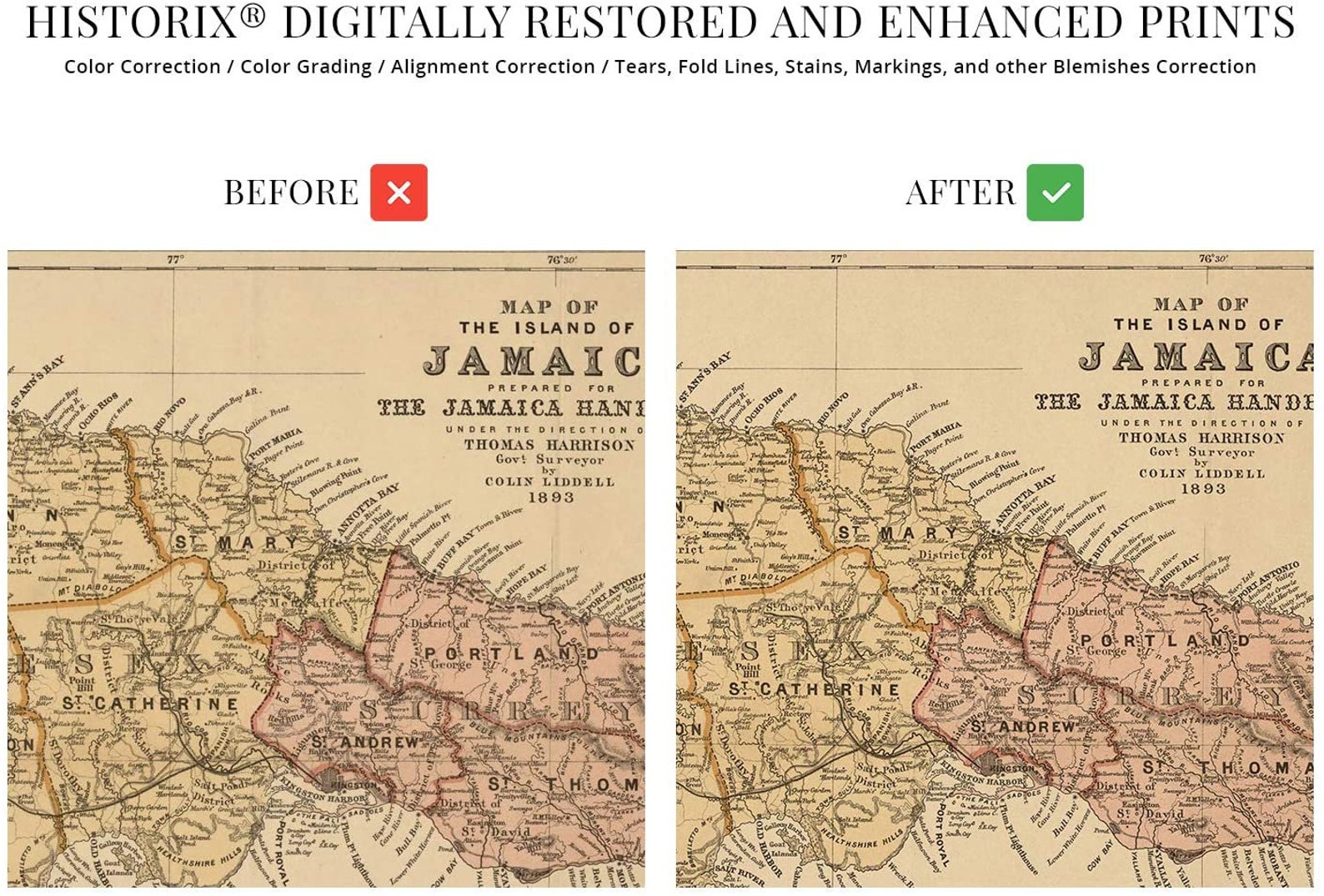 1893 Jamaica Map - Vintage Map of the Island of Jamaica Wall Art Decor ...