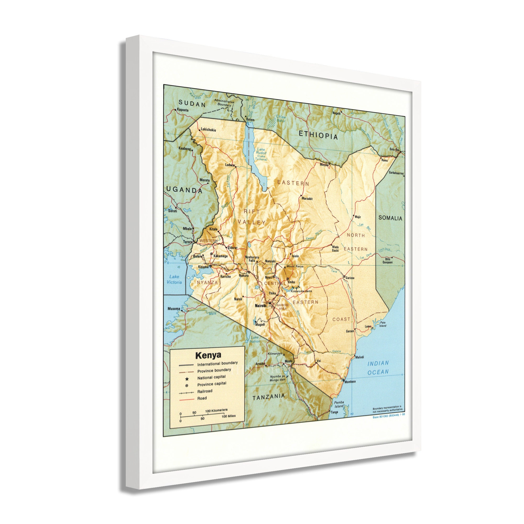 1988 Kenya Map Print Framed Vintage Kenya Wall Art Map Old Kenya Wall ...